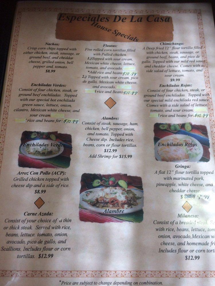 Menu at La Fortuna restaurant, North Wilkesboro