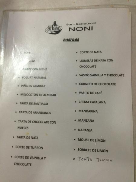 Carta de Bar Restaurante NONI, Barcelona