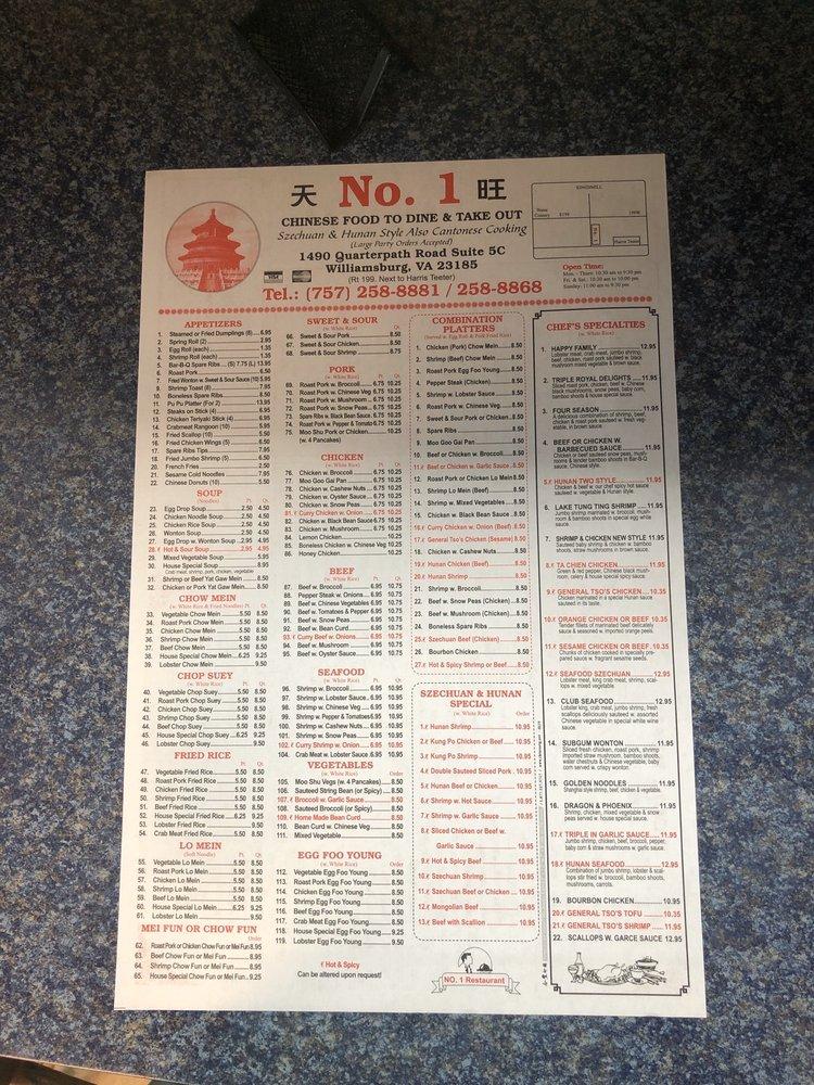 Menu at No 1 Restaurant, Williamsburg, Quarterpath Rd