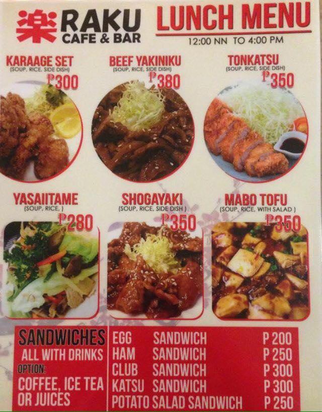 Menu at RAKU Cafe & Bar, Manila