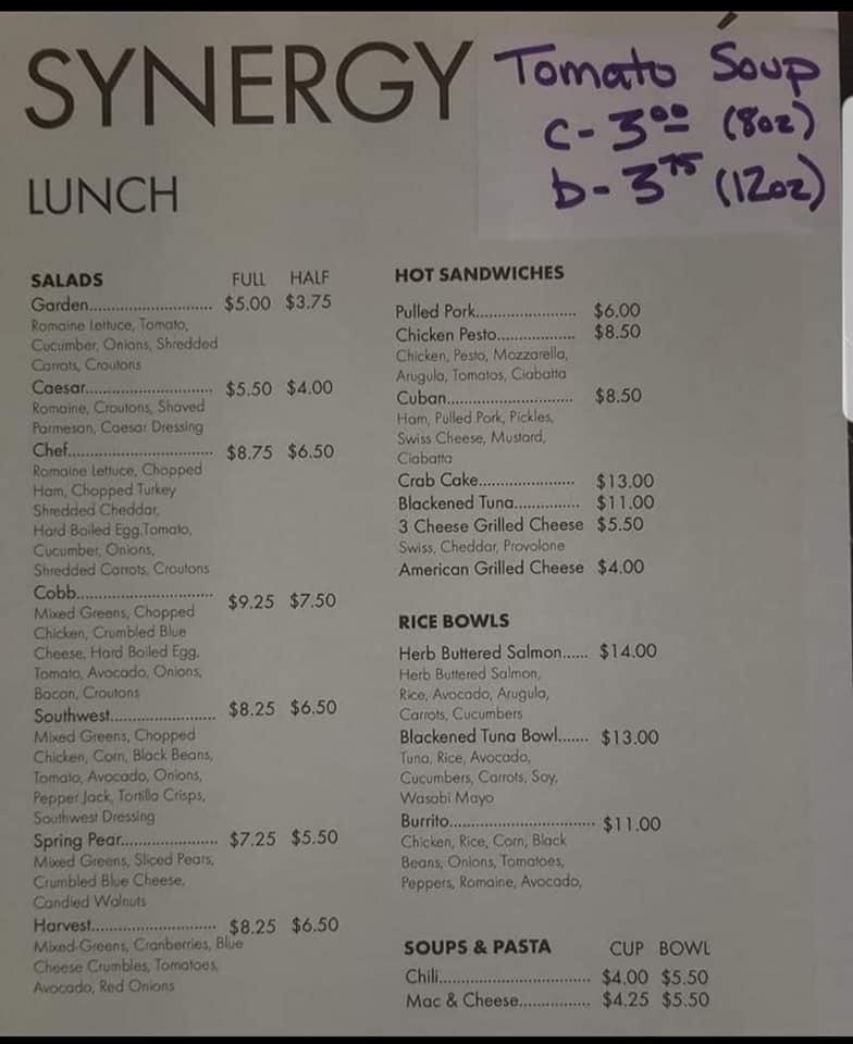 Menu at Synergy cafe, Selbyville