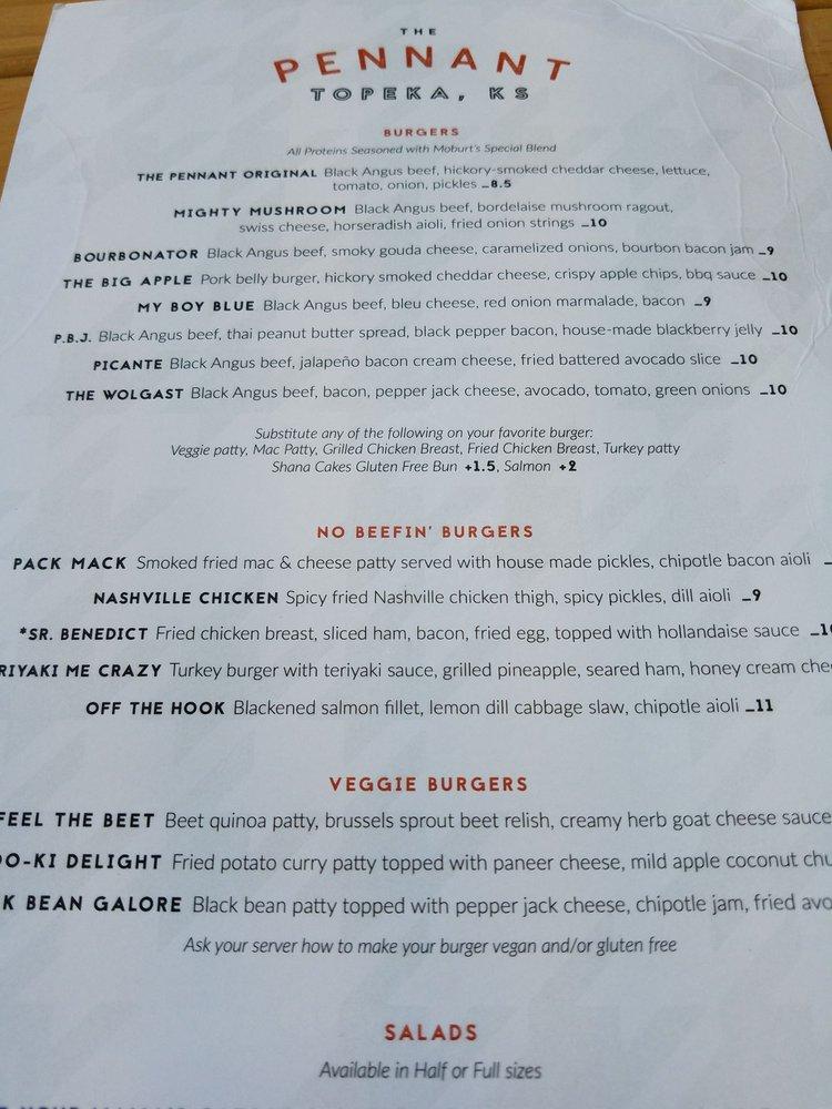 Menu at The Pennant restaurant, Topeka