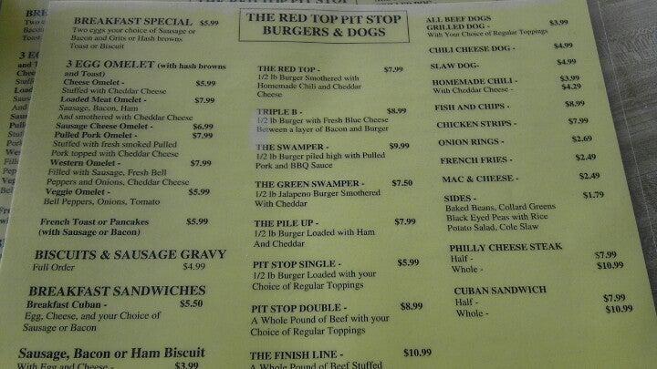 Menu at The Red Top Pit Stop BBQ, Lakeland, US Hwy 98 N