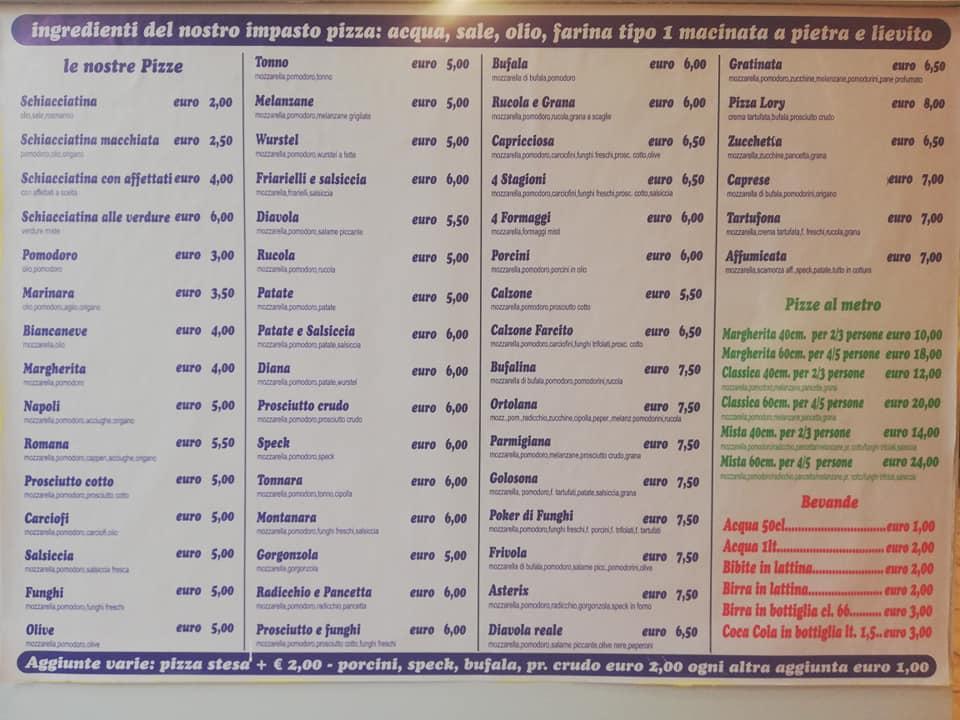 Menu da Rock'in Pizza ristorante, Alfonsine