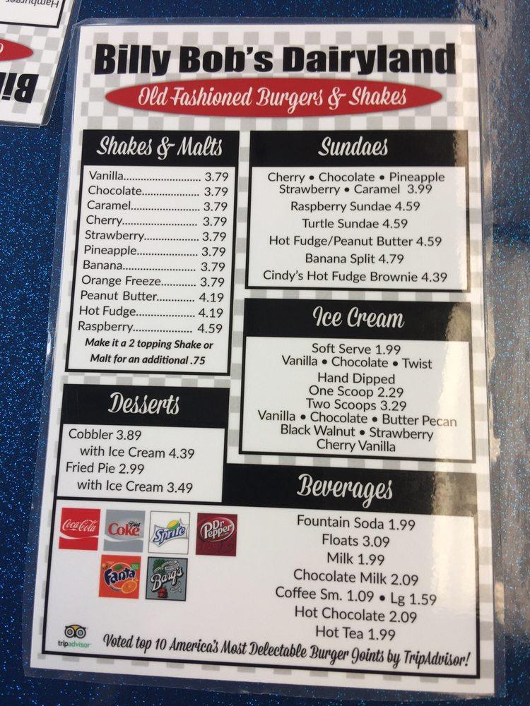 Menu at Billy Bob's Dairy Land restaurant, Branson, W 76 Country Blvd