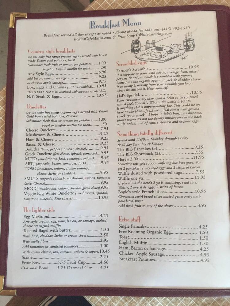 Menu at Bogie's Too - Home of Marin's Best Eggs Benedict, & Buttermilk ...