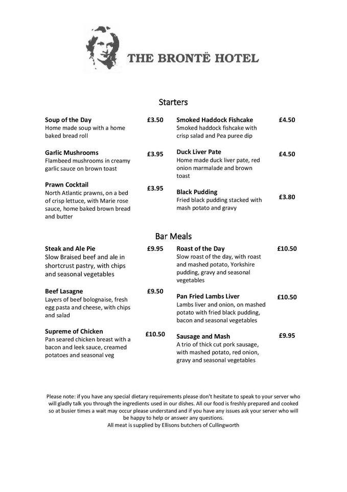 Menu at The Bronte restaurant, Keighley