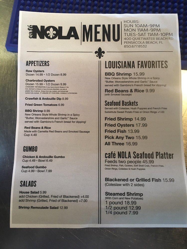 Menu at Cafe Nola, Gulf Breeze