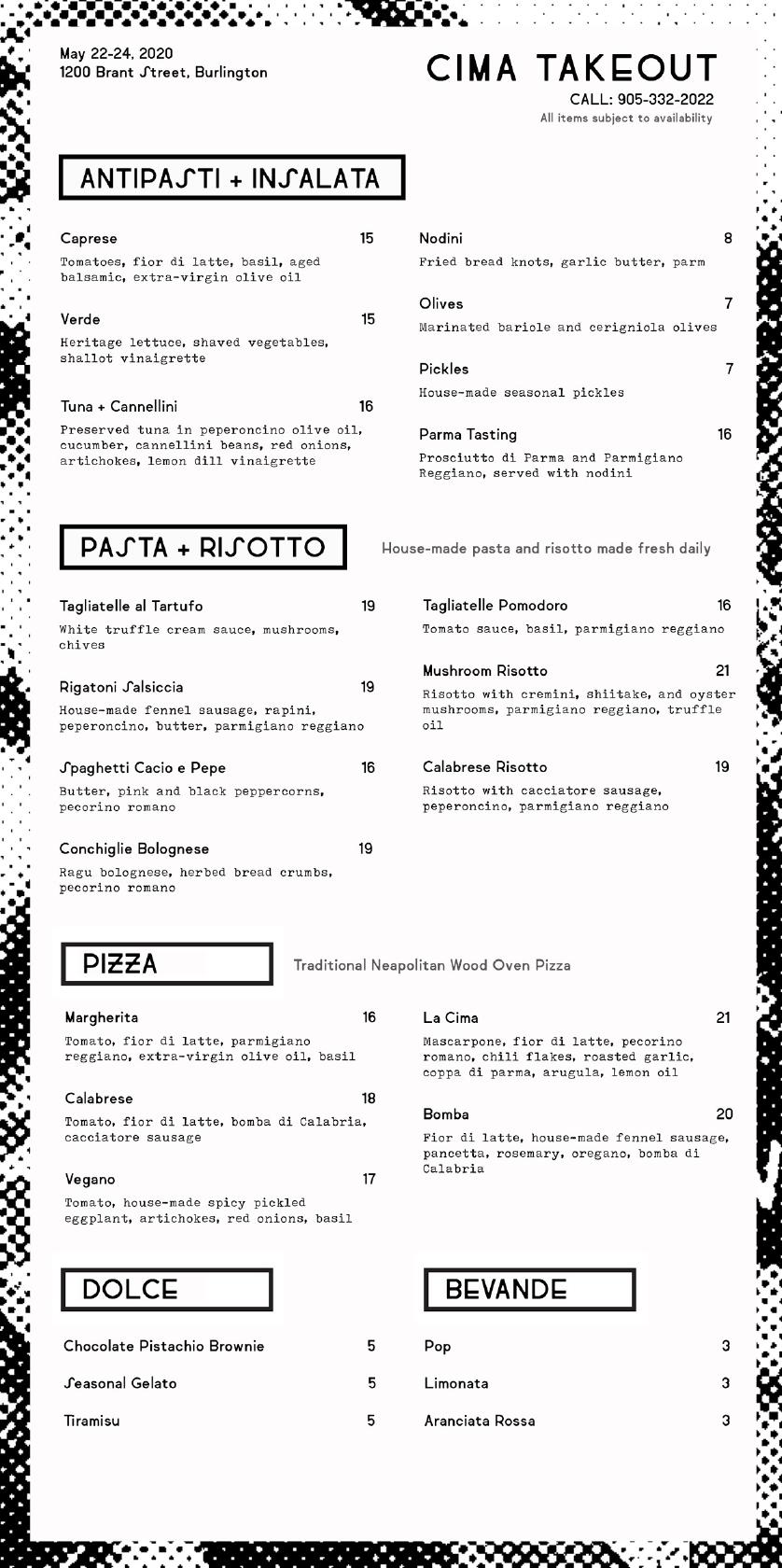Menu at Cima Enoteca restaurant, Burlington