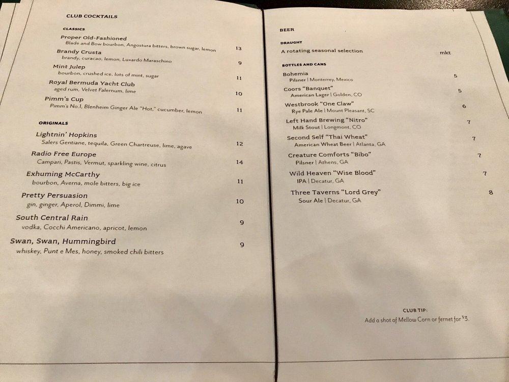 Menu at Garden & Gun Club, Atlanta