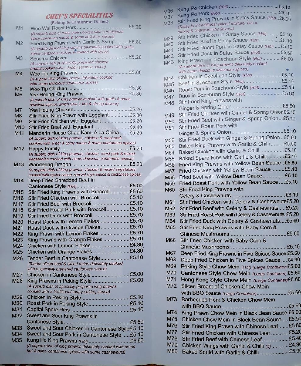 Menu at Mandarin House fast food, Saxmundham