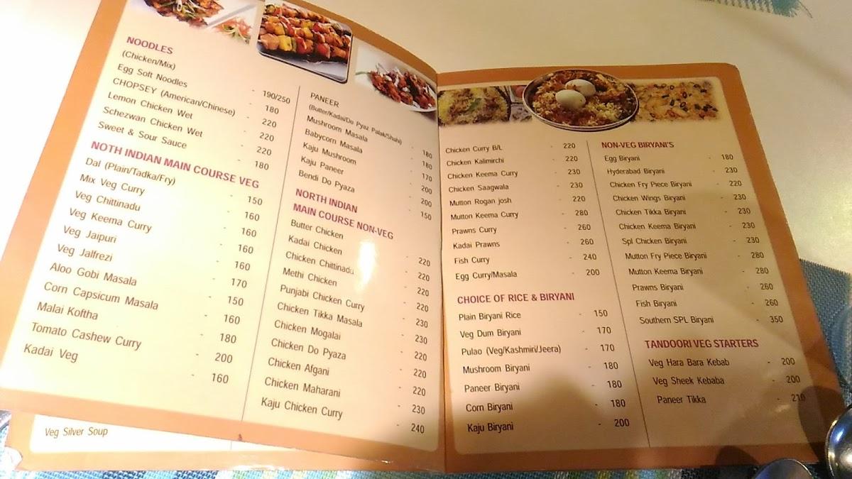 Menu at Southern Spice, Rajahmundry
