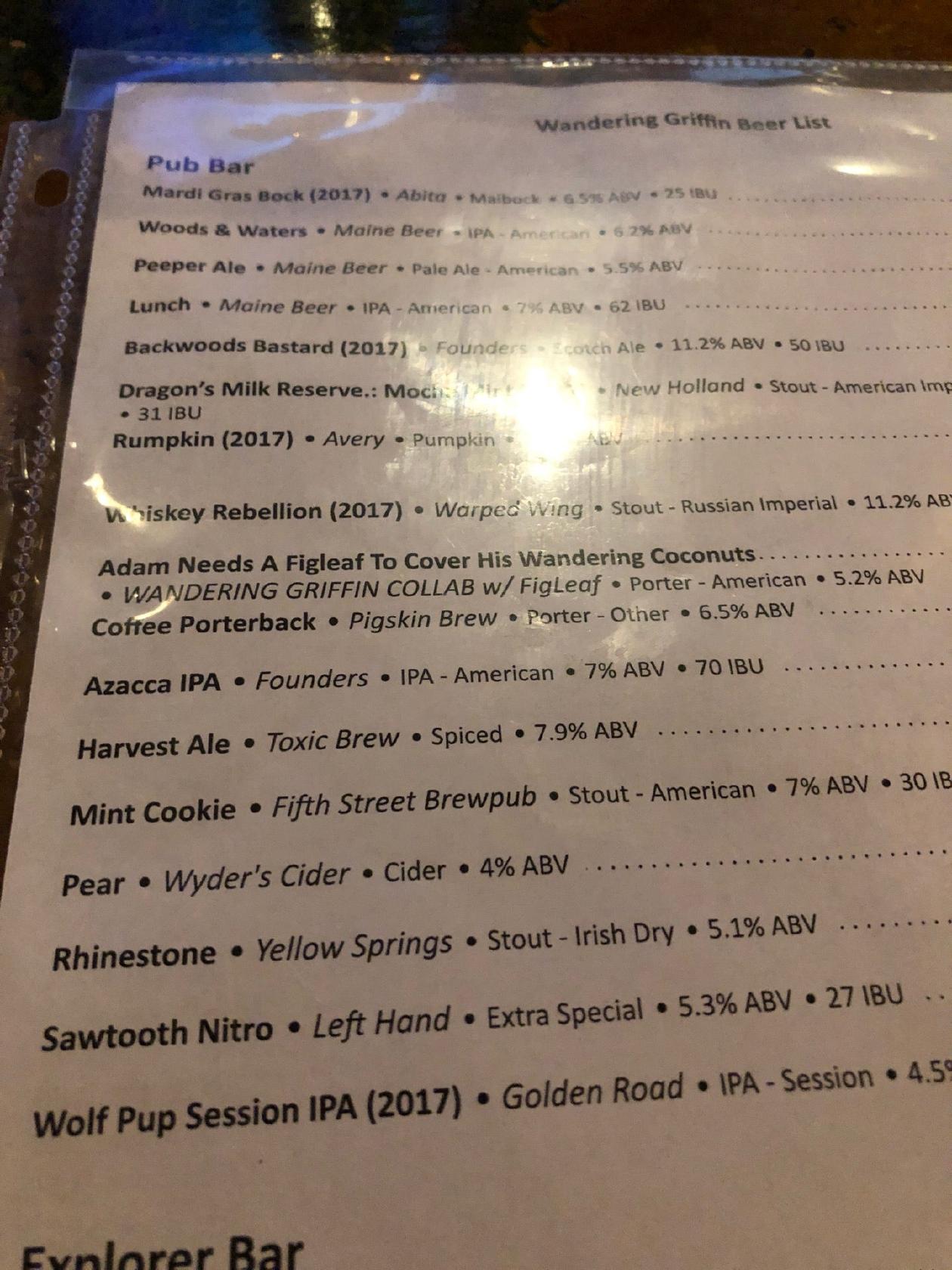 Menu at Wandering Griffin Brewery & Restaurant, Beavercreek