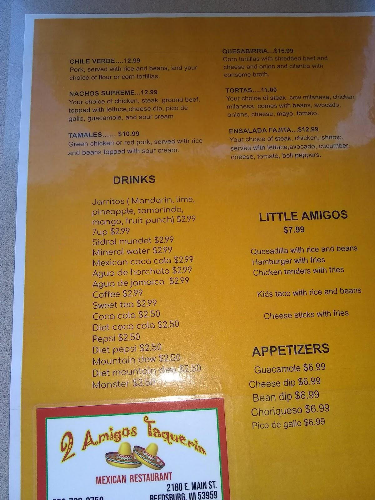 Menu at 2 Amigos Taqueria restaurant, Reedsburg