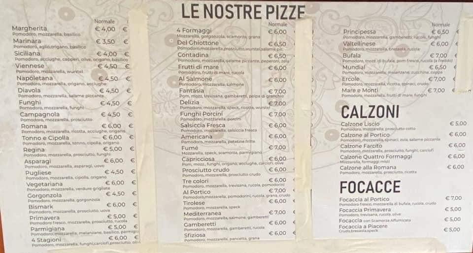 Menu at Al Portico restaurant, Milan, Via Carlo Cicogna Mozzoni