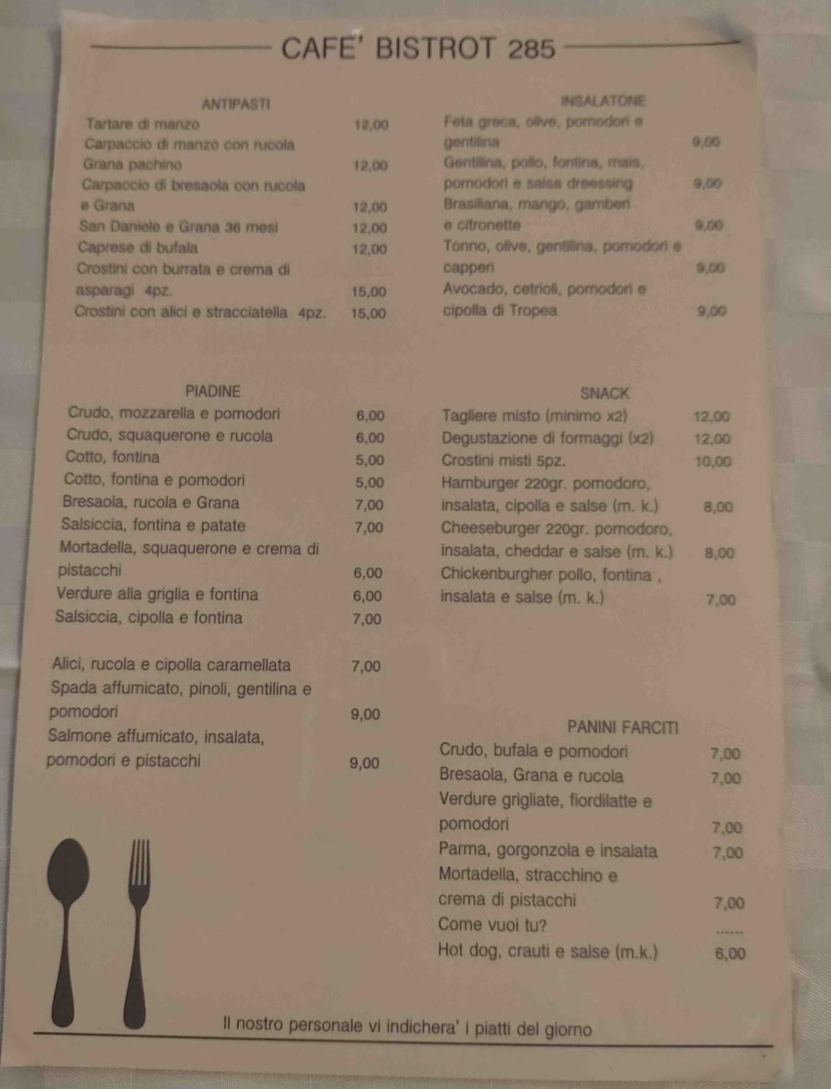 Menu da Bar Bistrot 285, Riccione