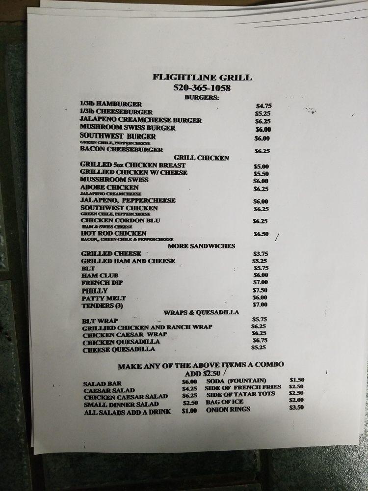 Menu at Flightline Grill restaurant, Marana, E Pinal Airpark Rd