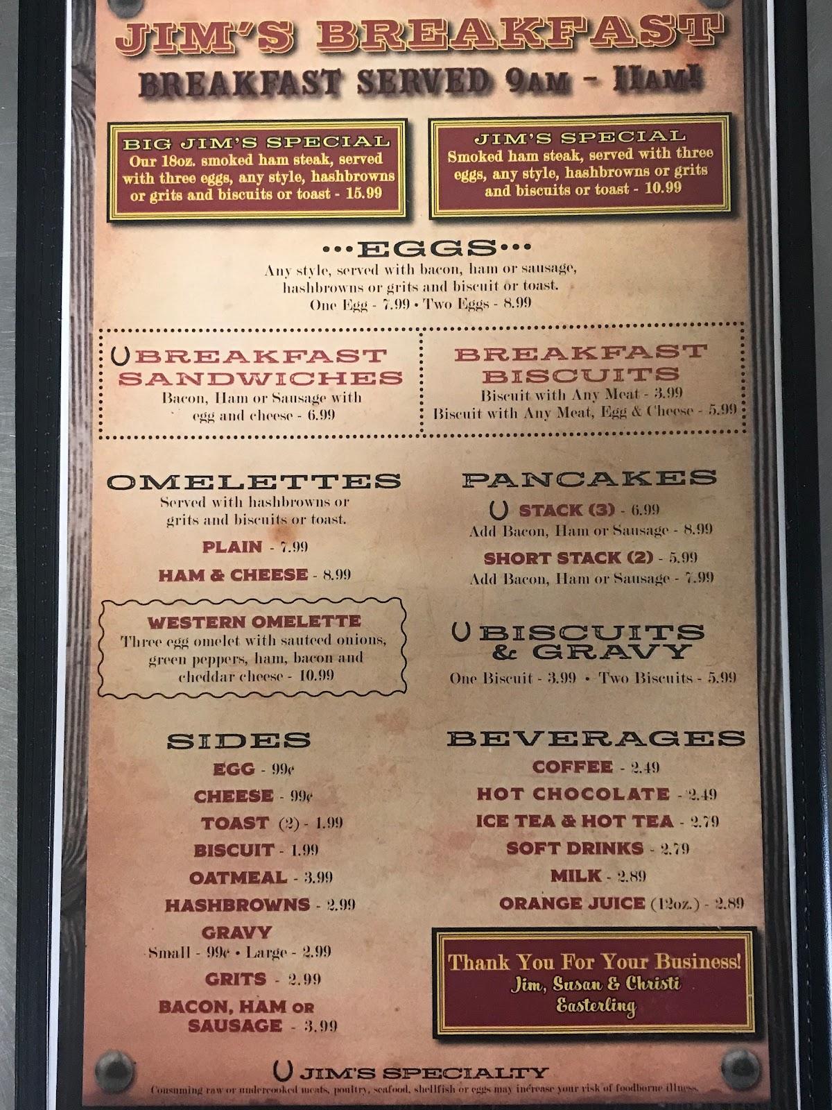Menu at Jim's BBQ, Waskom