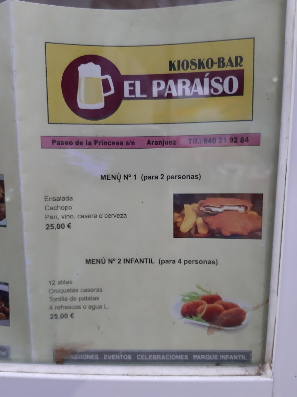 Carta del restaurante Kiosco El Paraíso, Aranjuez