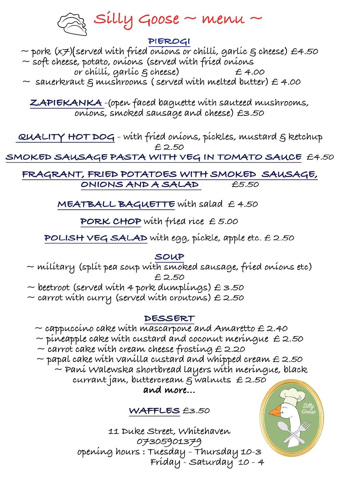 Menu at Silly Goose cafe, Whitehaven