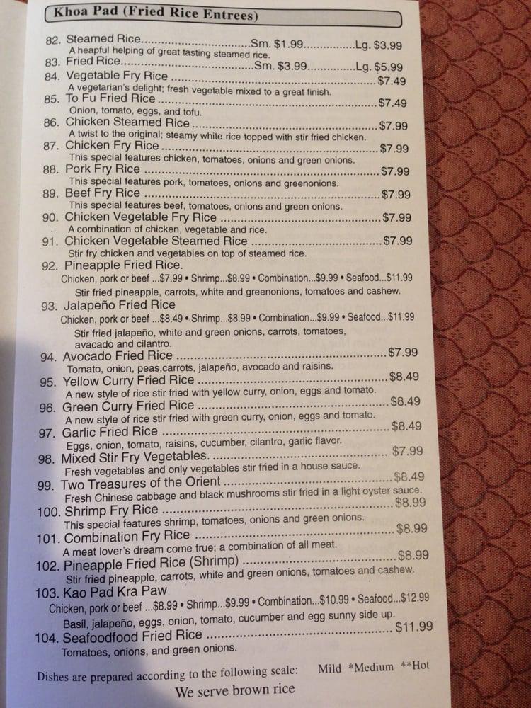 Menu at Thai City restaurant, Portales