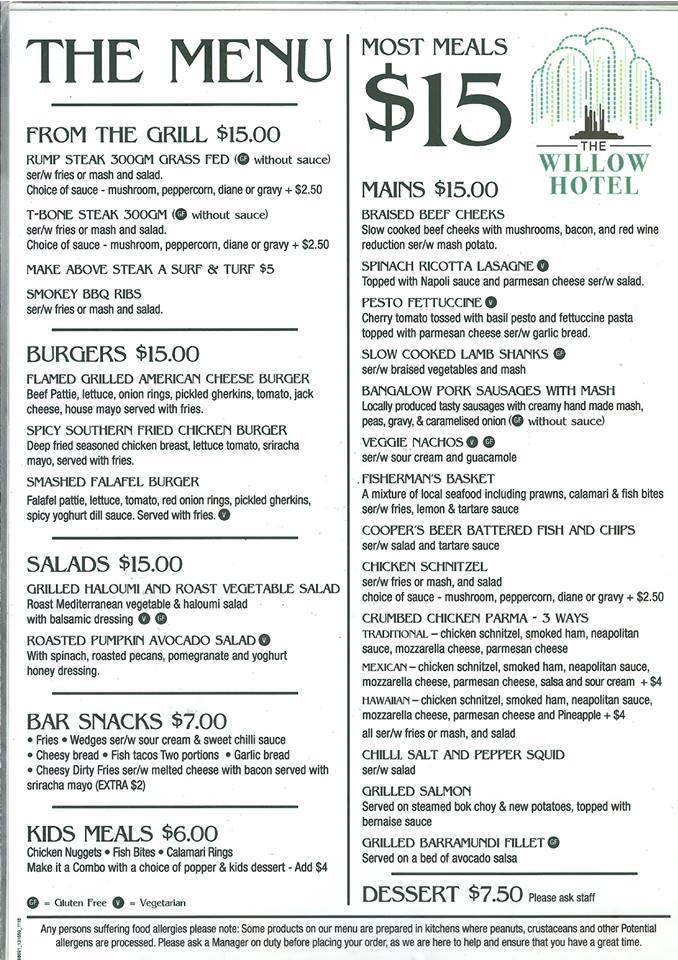 Menu at The Willow Hotel restaurant, Moorooka