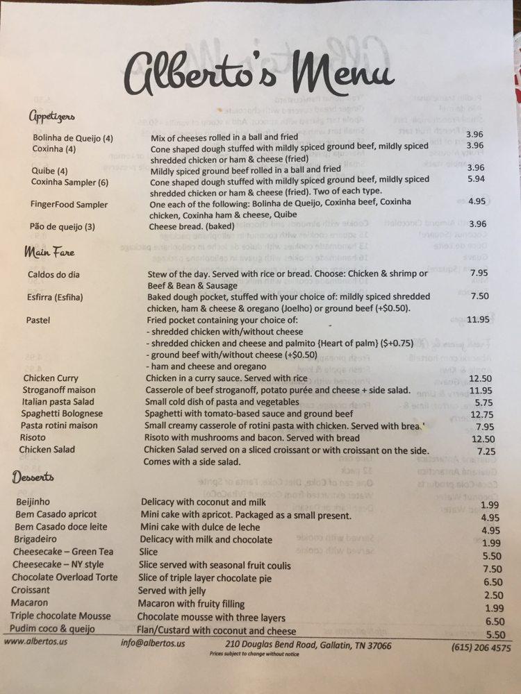 Menu at Alberto’s restaurant, Gallatin