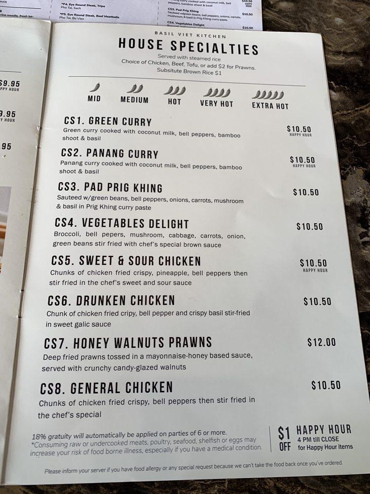 Menu at Basil Viet Kitchen restaurant, Seattle