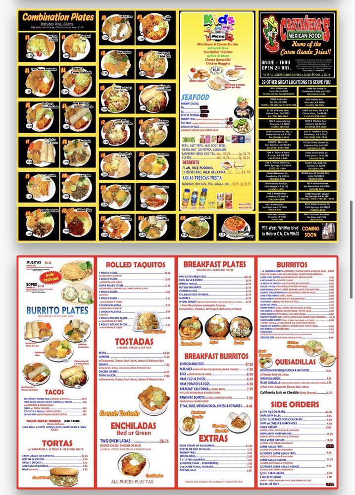 Menu at Castañedas Mexican Food restaurant, San Diego, 342 Euclid Ave ...