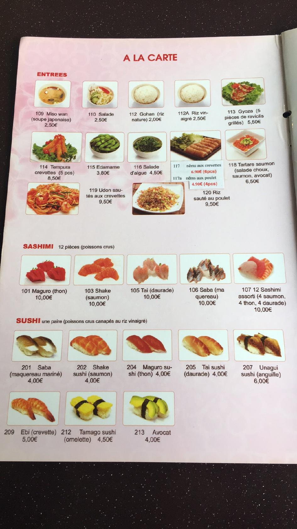 Menu au Fujiyama restaurant, Vernon
