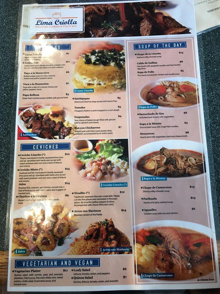 Menu at Lima Criolla restaurant, Austin