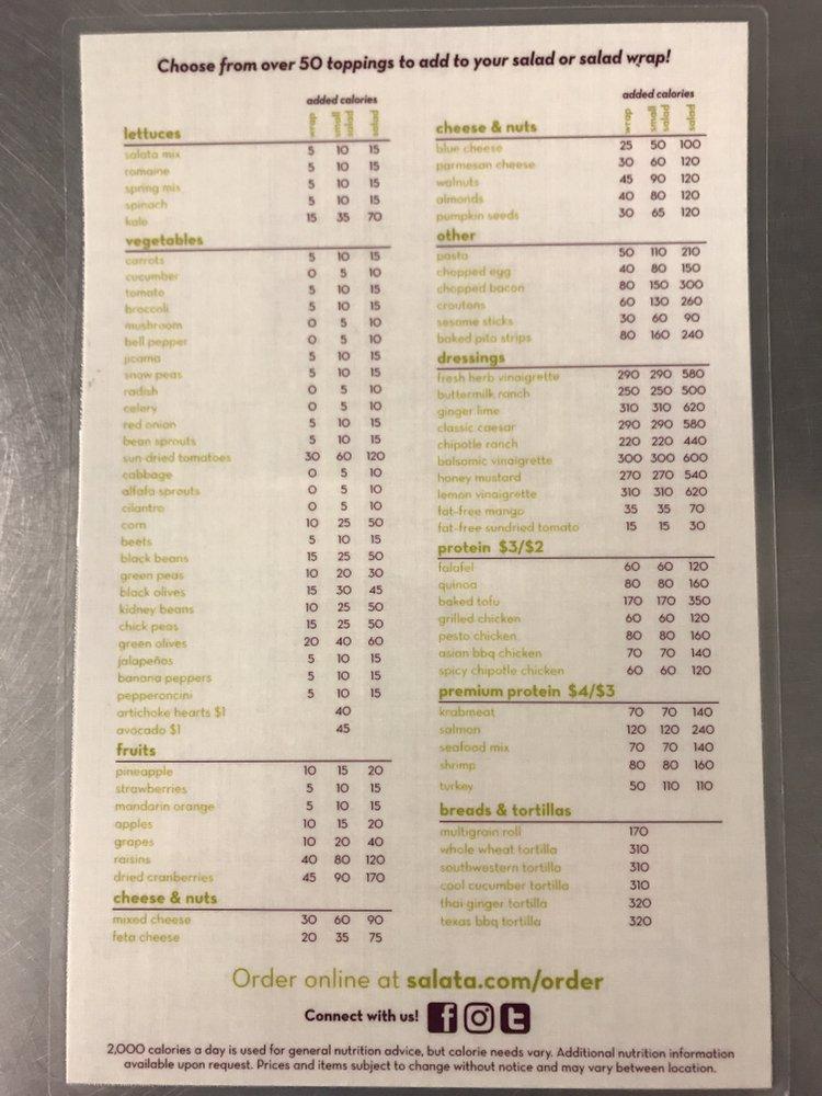 Menu at Salata restaurant, Tomball, Farm to Market 2920 Suite #225