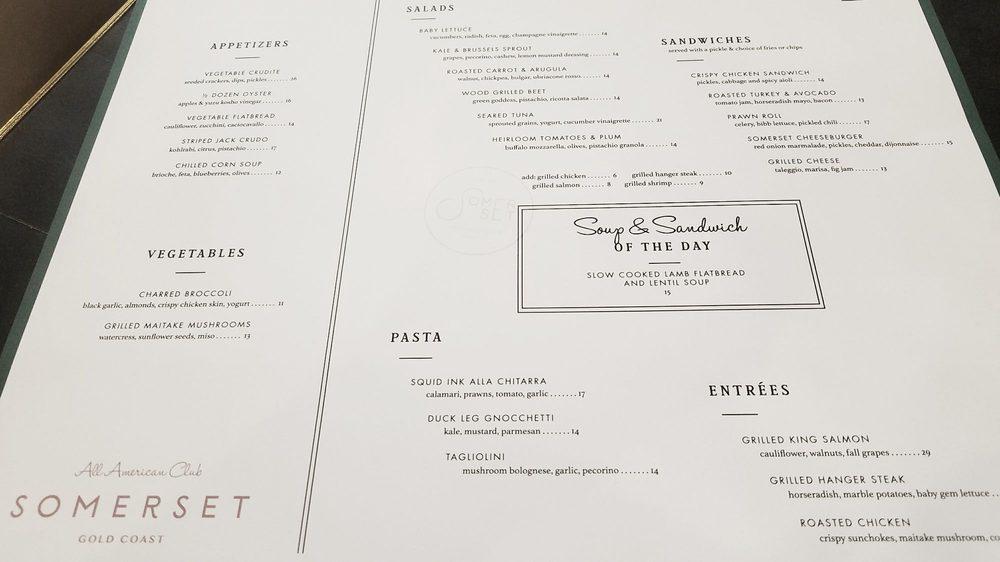 Menu at Somerset restaurant, Chicago, N State St