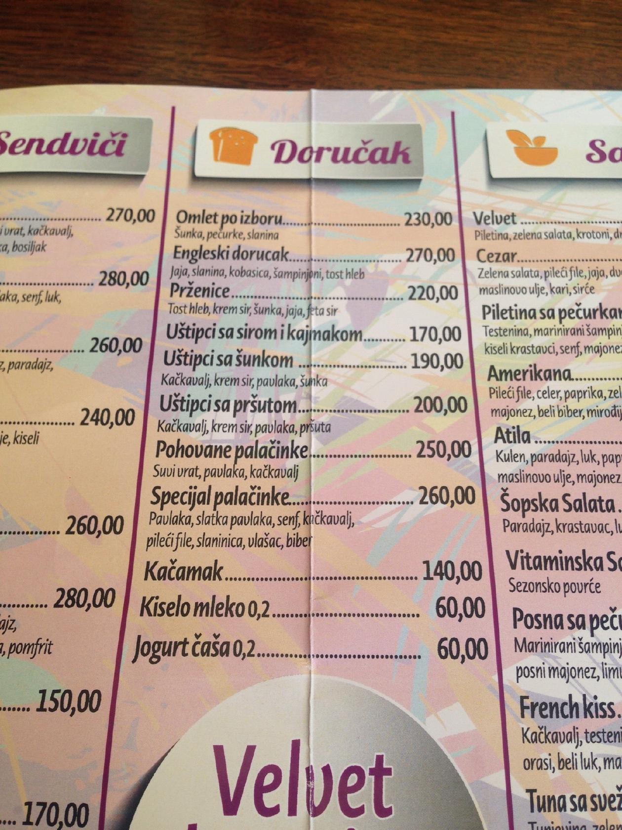 Menu at Velvet restaurant, Čačak, Karađorđeva 15