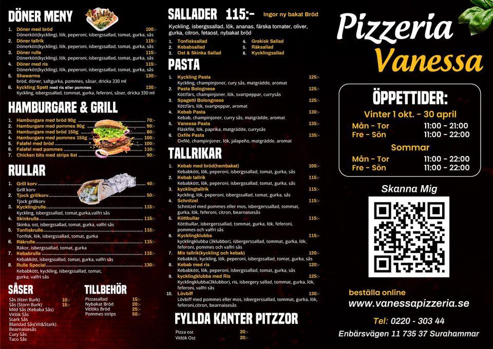 Carta de pizzeria Vanessa, Surahammar