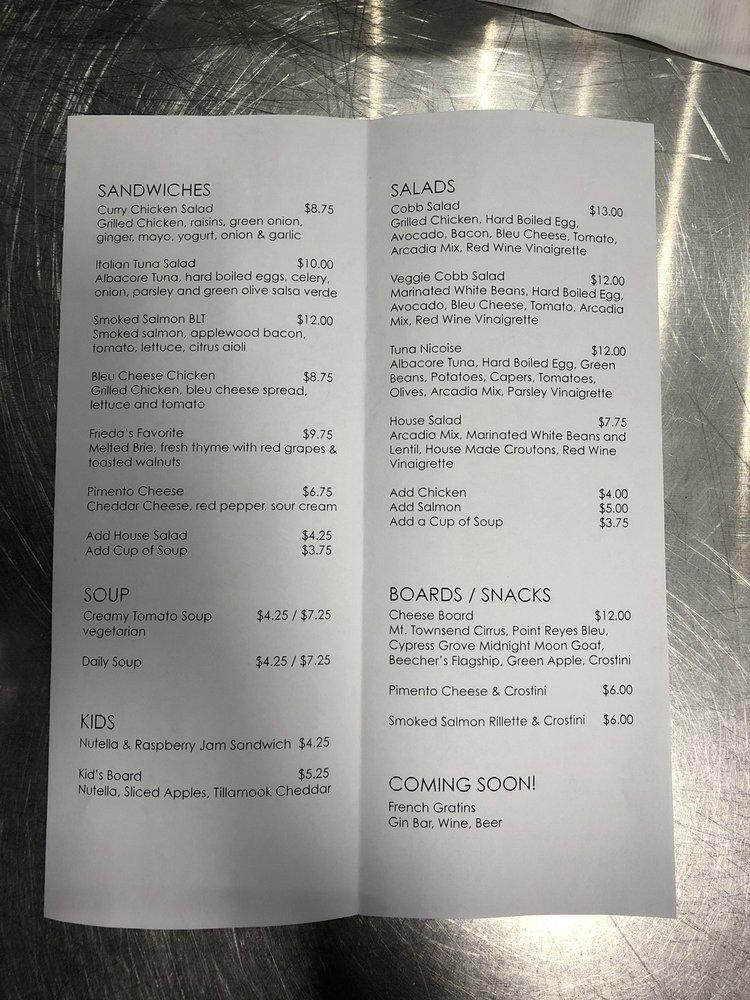 Menu at MariPili at Café Frieda cafe, Seattle
