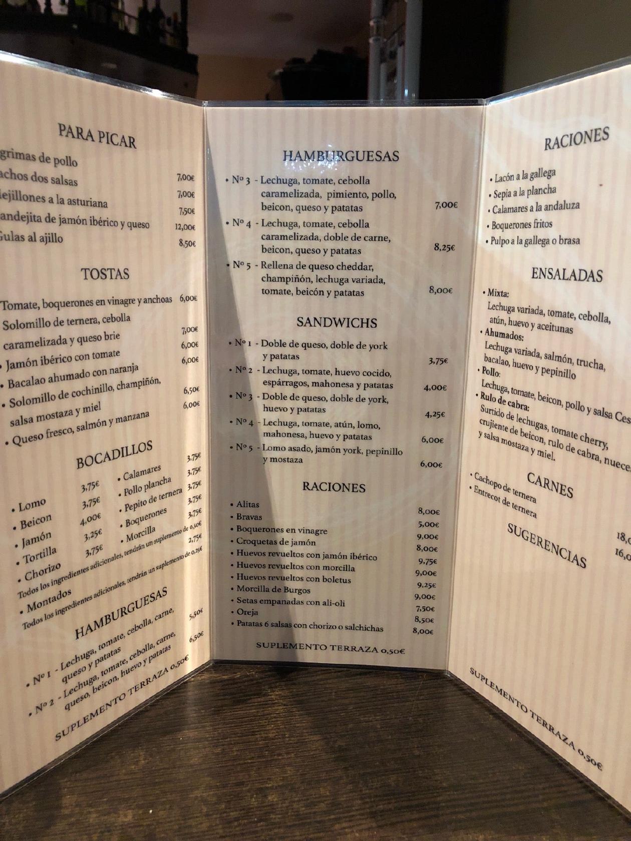 Carta del pub y bar Cervecería Burgos, Madrid, C. del Mota del Cuervo