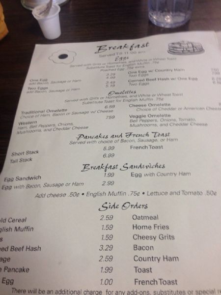 Menu at Continental Cafe, Fayetteville