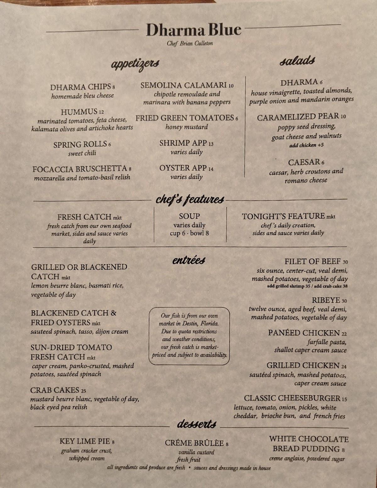 Menu at Dharma Blue restaurant, Pensacola