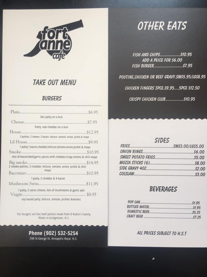 Menu at Fort Anne Cafe, Annapolis Royal