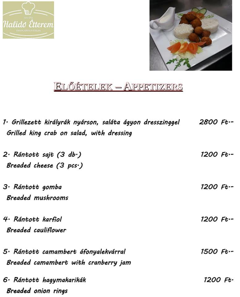 Menu at Halidó étterem restaurant, Hajdúnánás
