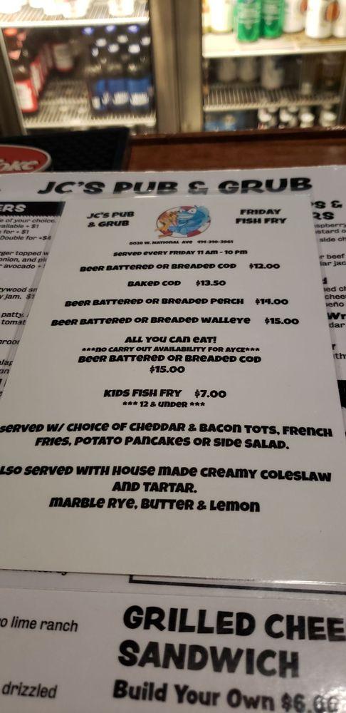 Menu at JC's Pub and Grub, West Allis