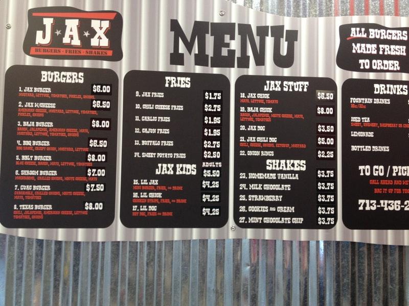 Menu at Jax Burgers Fries & Shakes restaurant, Pearland, Shadow Creek Pkwy