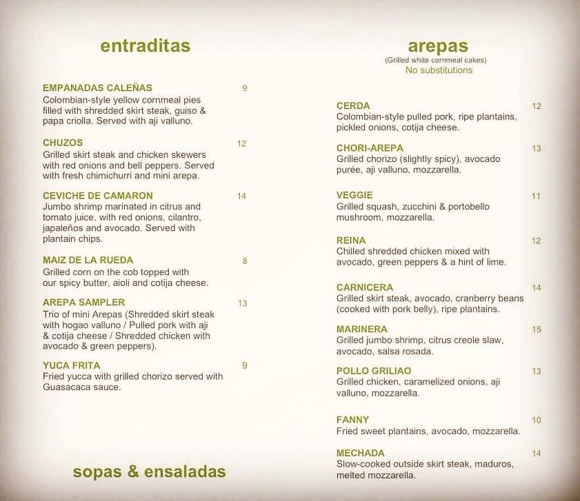 Menu at Maïs Arepas pub & bar, New Orleans