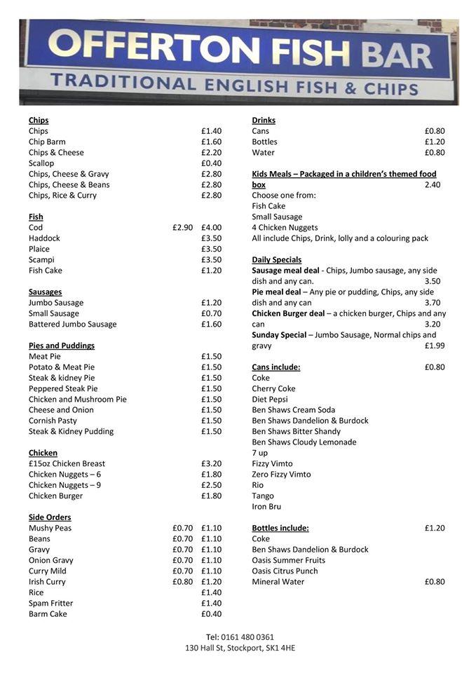 Menu at Offerton Fish Bar, Stockport