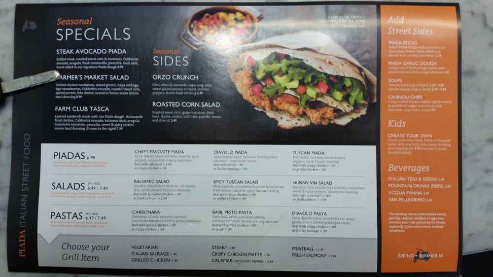 Menu at Piada Italian Street Food restaurant, Rocky River, Center Ridge Rd