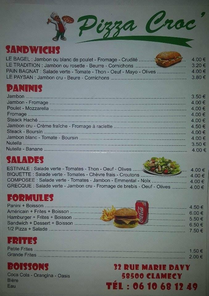 Menu au Pizza Croc' restaurant, Clamecy