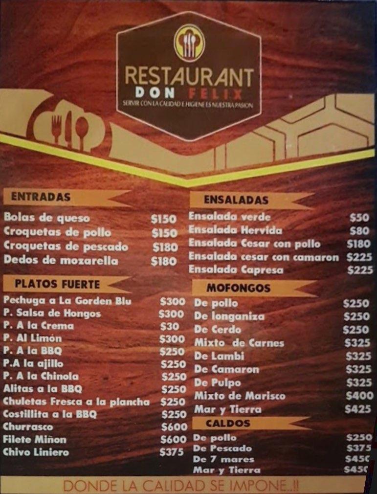 Carta de Restaurante Don Felix, Monte Cristi