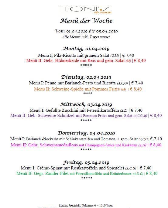 Menu at Toni's restaurant, Vienna, Salzgries 6