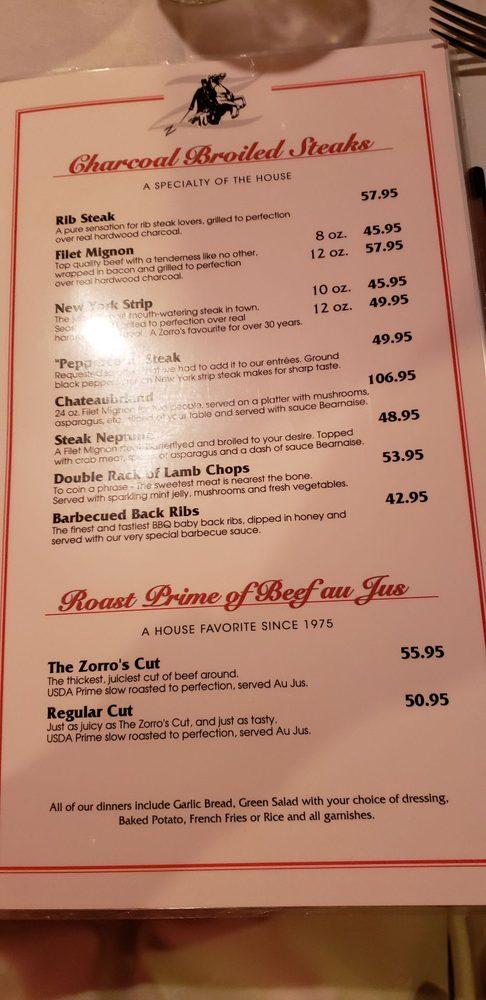 Menu at Zorro's Steakhouse, Mississauga